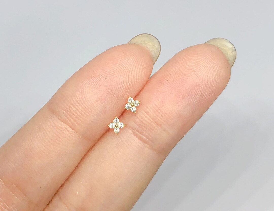 14K Solid Gold Studs, Clover Earrings, 14K Gold Studs, Tiny Earrings, Minimalist Earrings, Stud ...