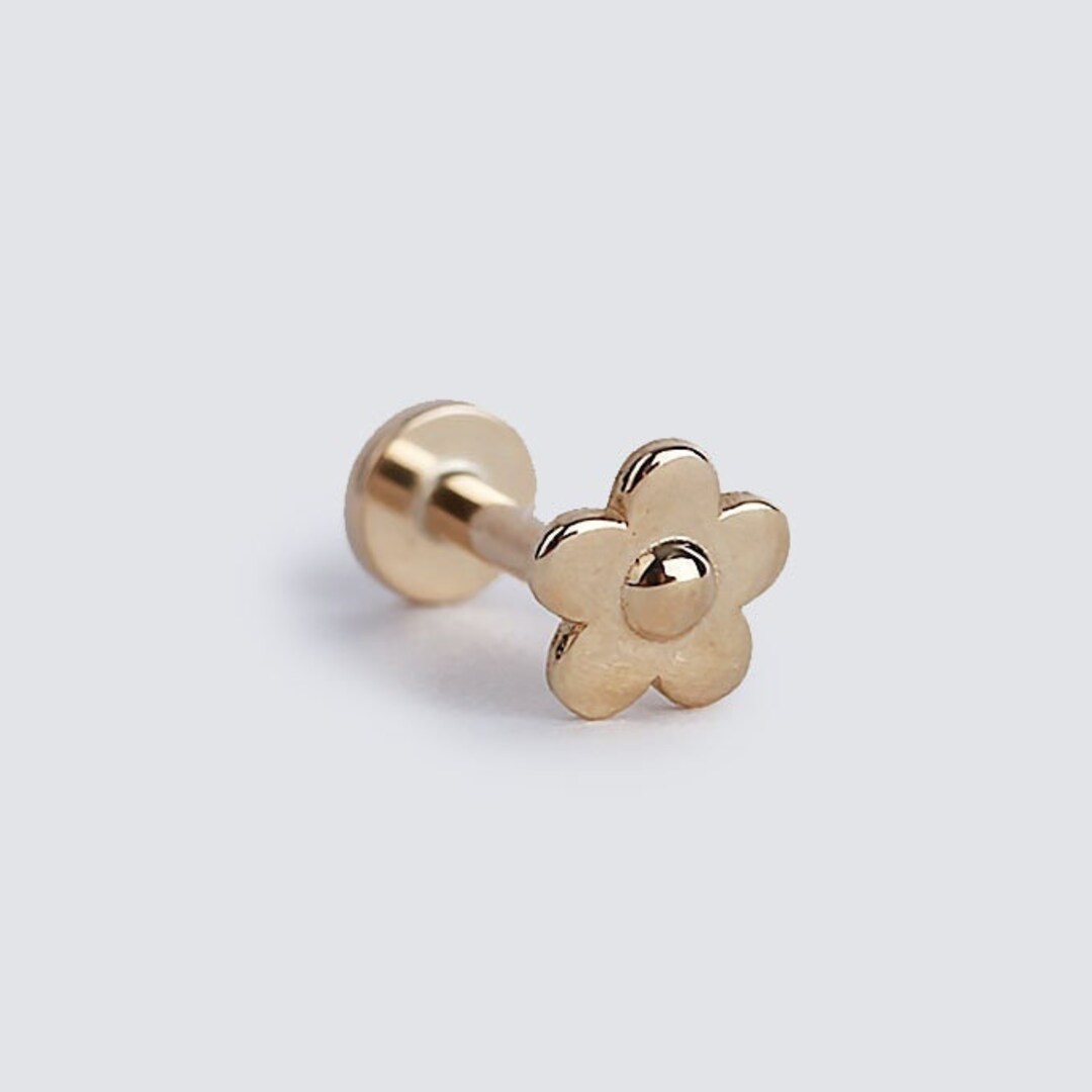 14k Solid Gold Flower Flat Back Labret, Flower Tragus, Cartilage, Conch ...