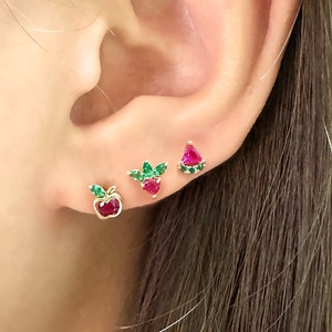 14K Solid Gold Tiny Red Cherry Stud Earrings, 14k Gold Fruits Earrings, Cherry Studs, Cartilage ...