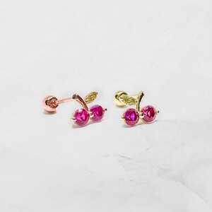 14K Solid Gold Tiny Red Cherry Stud Earrings, 14k Gold Fruits Earrings, Cherry Studs, Cartilage ...