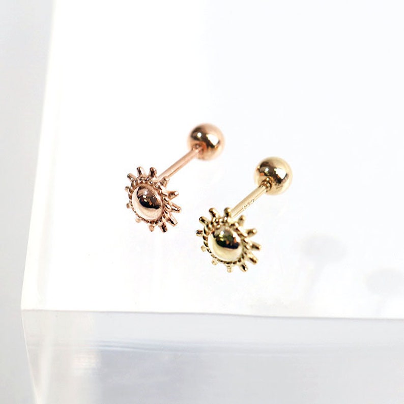 14K Solid Gold Sun Screw Back Stud Earrings, Cartilage Stud Earring ...