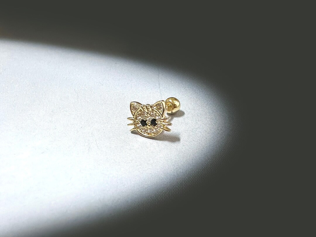 14K Solid Gold Cat Screw Back Earrings, Cat End Barbell Piercing, Cat ...