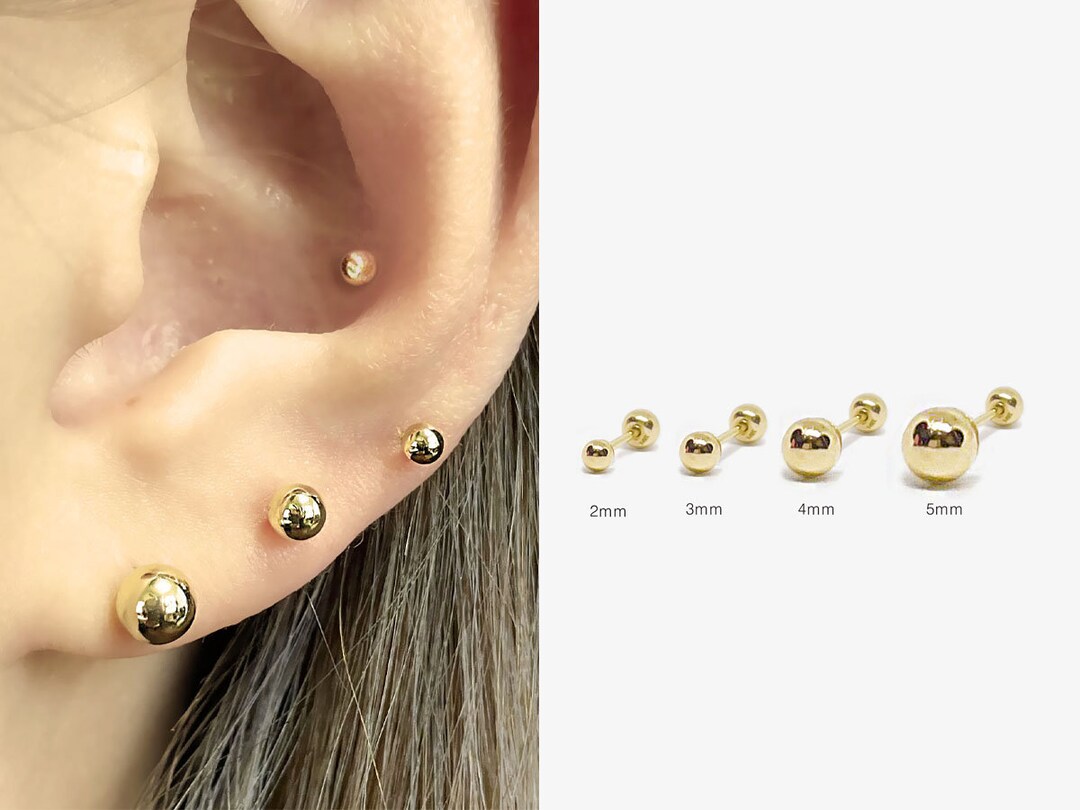 14K Solid Gold Ball 2,3,4,5,mm, Screw Back Studs, Gold Balls Piercing ...