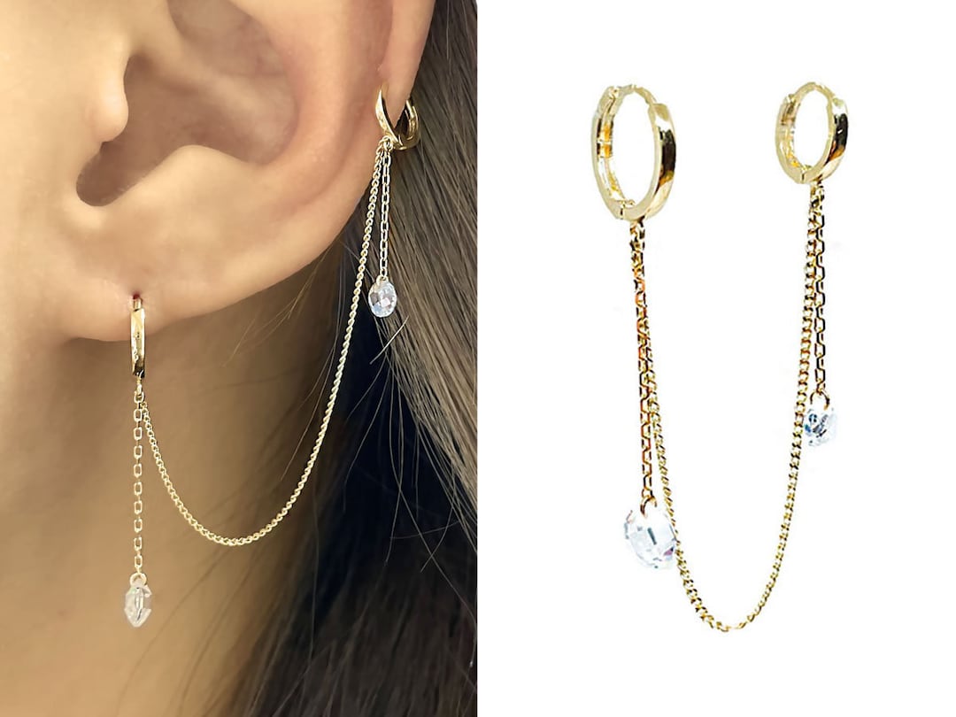 14K Solid Gold Chain Earrings, Double Piercing Hoops (sold Individually ...
