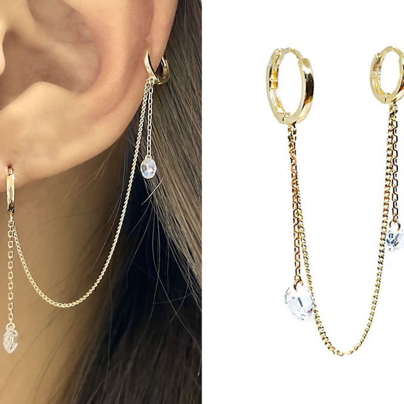 Double Piercing Chain Earrings - Etsy