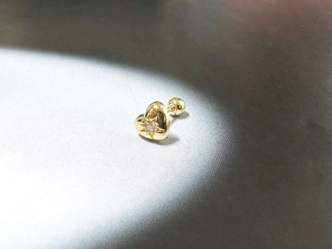 14K Solid Gold Heart Screw Back Stud Earrings, 14k Heart Stud Piercing ...