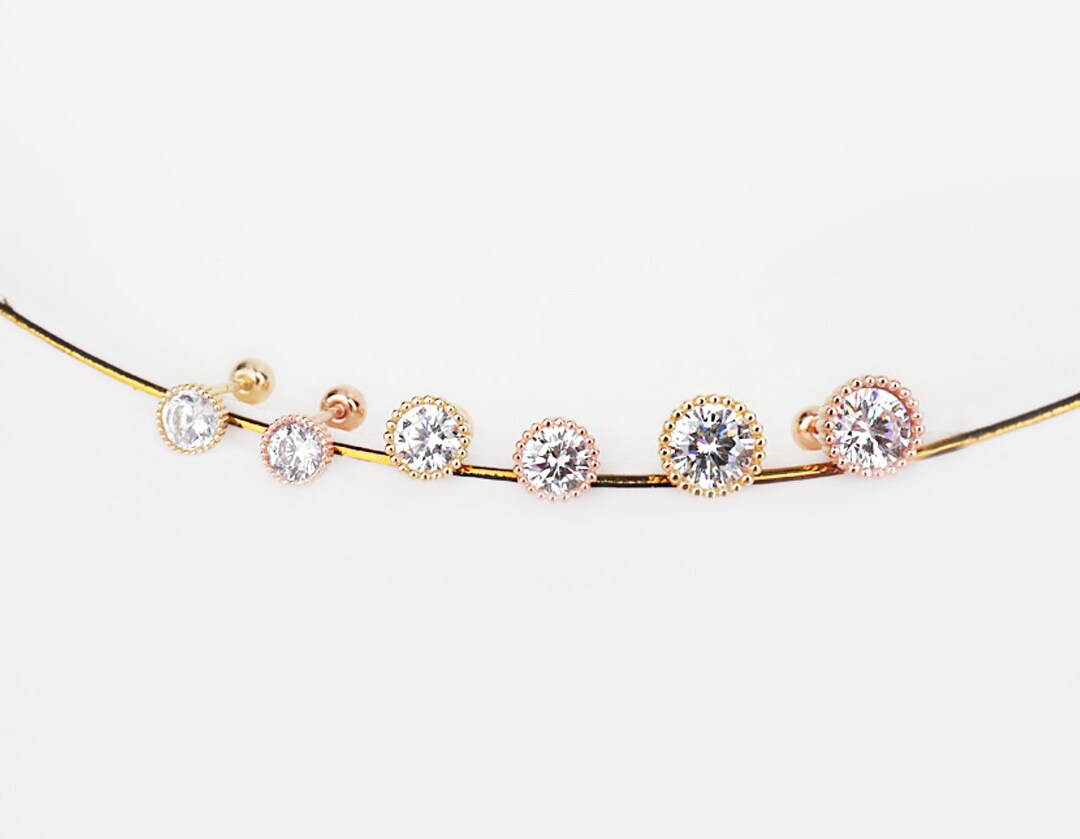 14k Solid Gold Moissanite Piercing, Bezel Screw Back Earring, Dainty ...