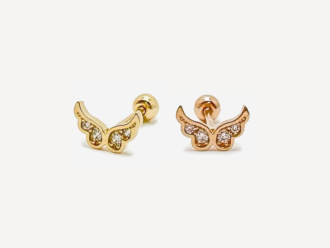 14k Solid Gold Wing Screw Back Earrings 14K Gold Angel Wings - Etsy