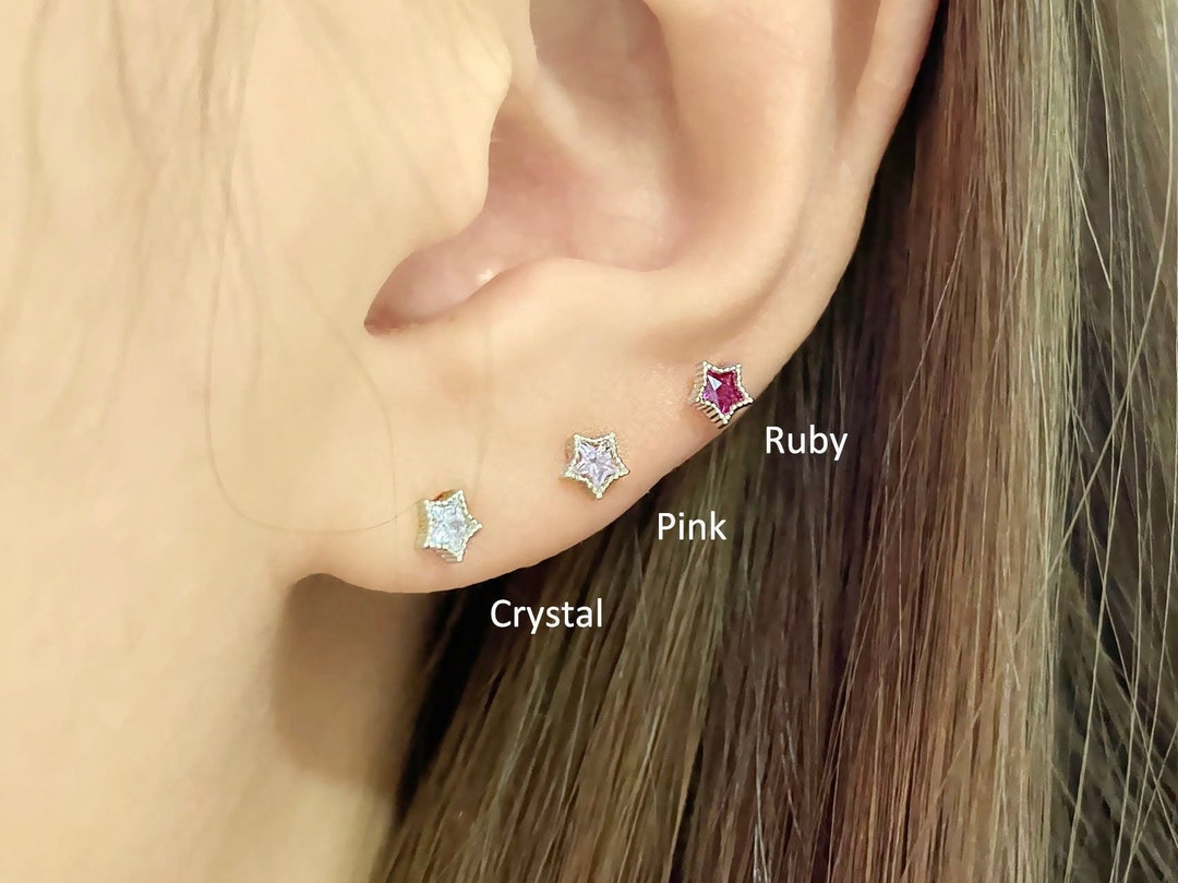 14K Solid Gold Star Earrings, 14k Birthstone Earrings, Minimal Earrings ...