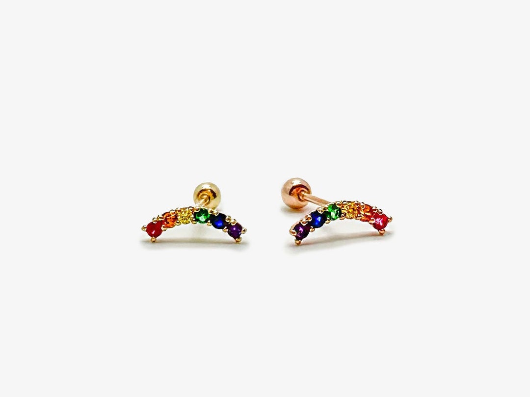 14k Solid Gold Rainbow Stud Earrings, Multi Color Earrings, Gemstone Studs Earrings, Minimalist ...