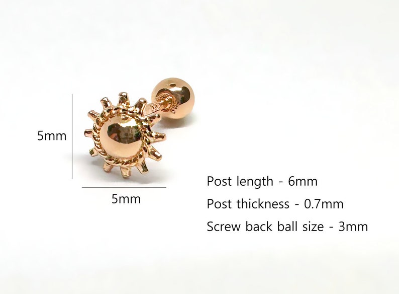 14K Solid Gold Sun Screw Back Stud Earrings, Cartilage Stud Earring ...
