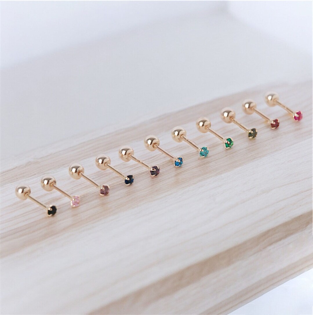 14k Solid Gold 2mm Birthstone Stud Earrings, Tiny CZ Stud Earrings, Tiny Cartilage Studs, Helix ...