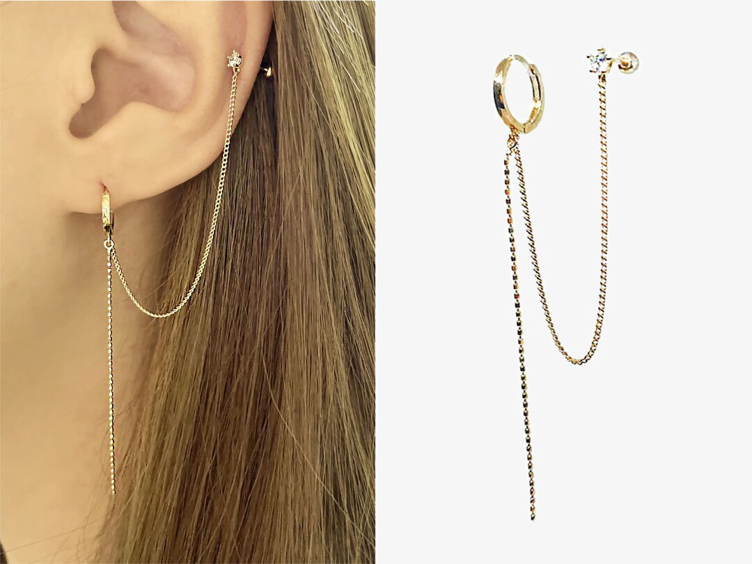 14K Solid Gold Hoop Earrings, Hoop With Chain Stud Earring, Double ...
