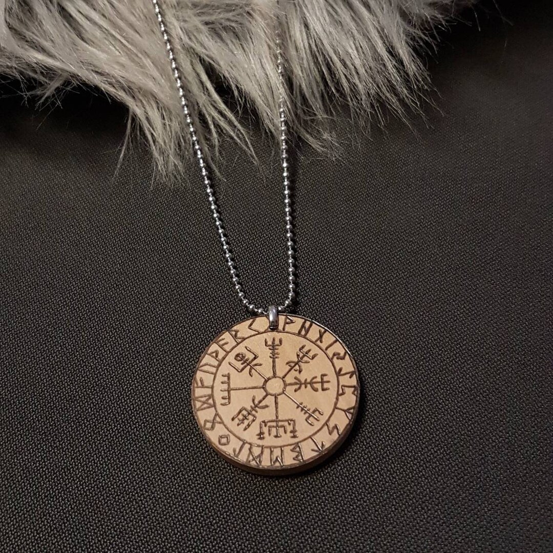Wooden Necklace Vegvisir Viking Compass Pyrography Stainless Steel ...