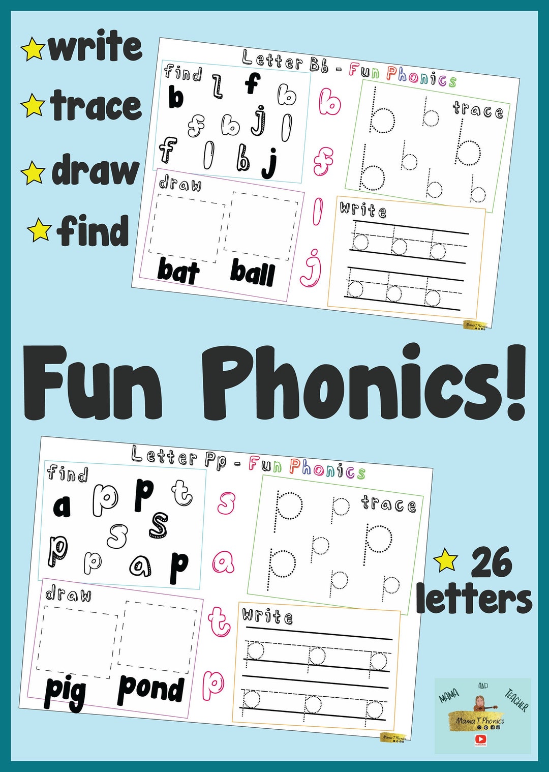 Fun Phonics Alphabet Find Trace Draw and Hand Write Each - Etsy UK
