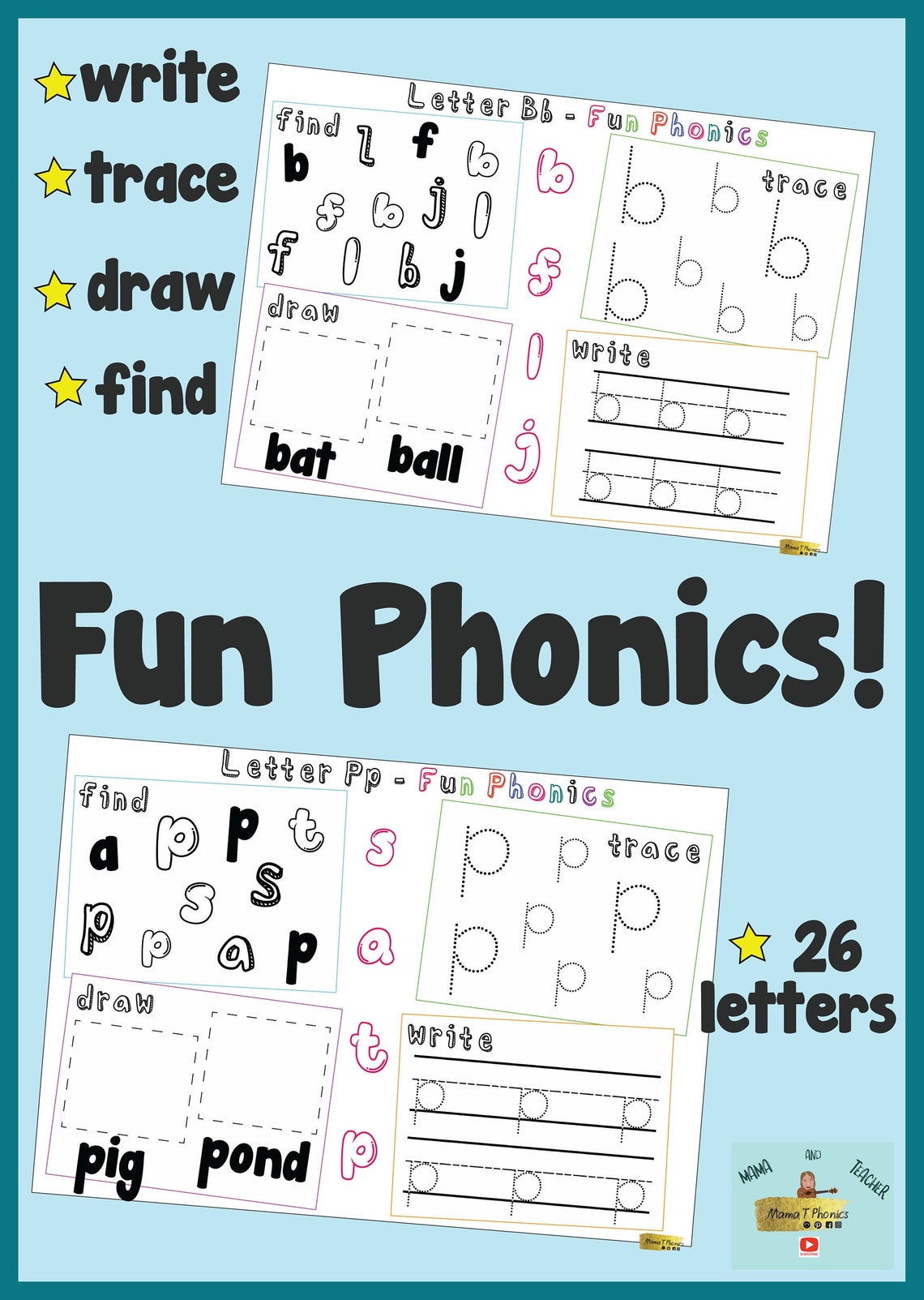 Fun Phonics Alphabet - Find, Trace, Draw and Hand Write Each Letter - Etsy