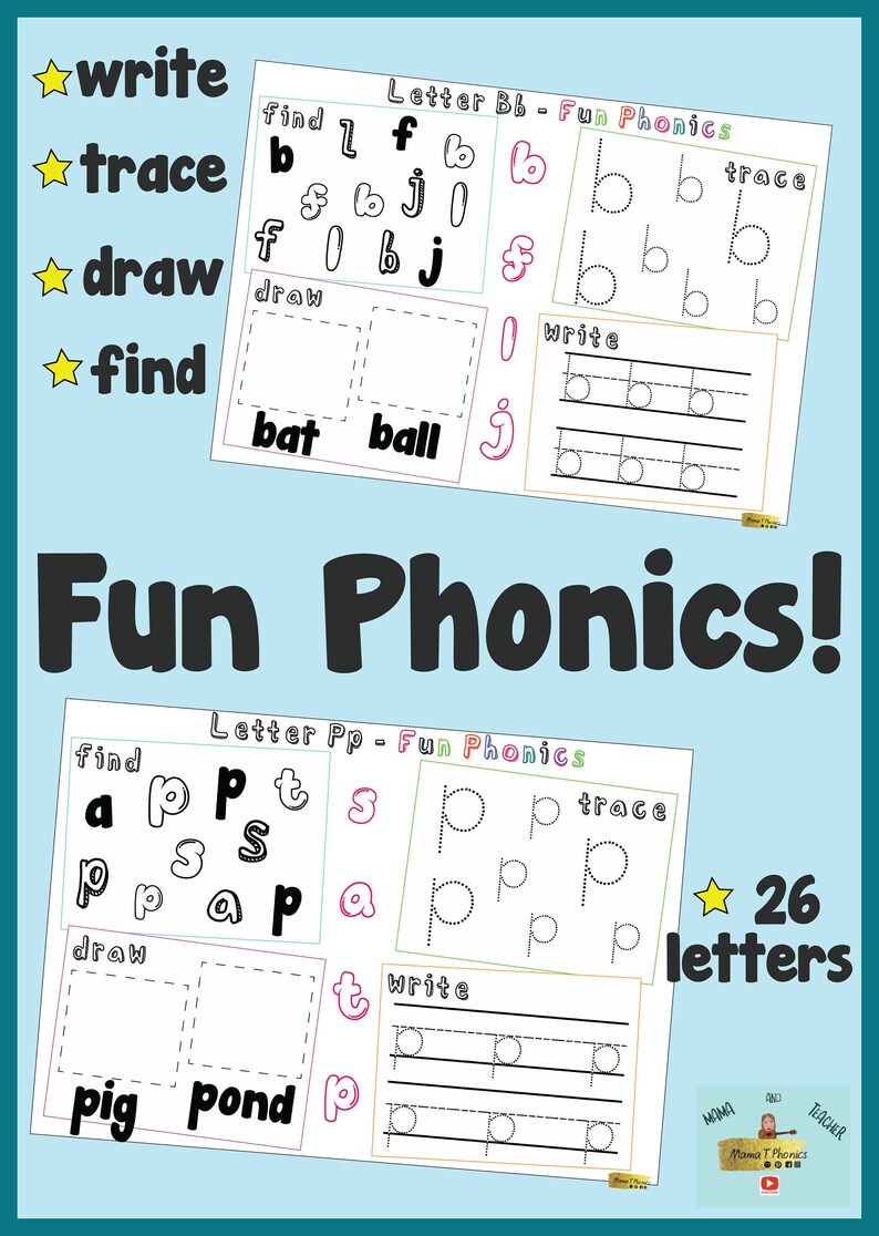 Fun Phonics Alphabet Find Trace Draw and Hand Write Each | Etsy