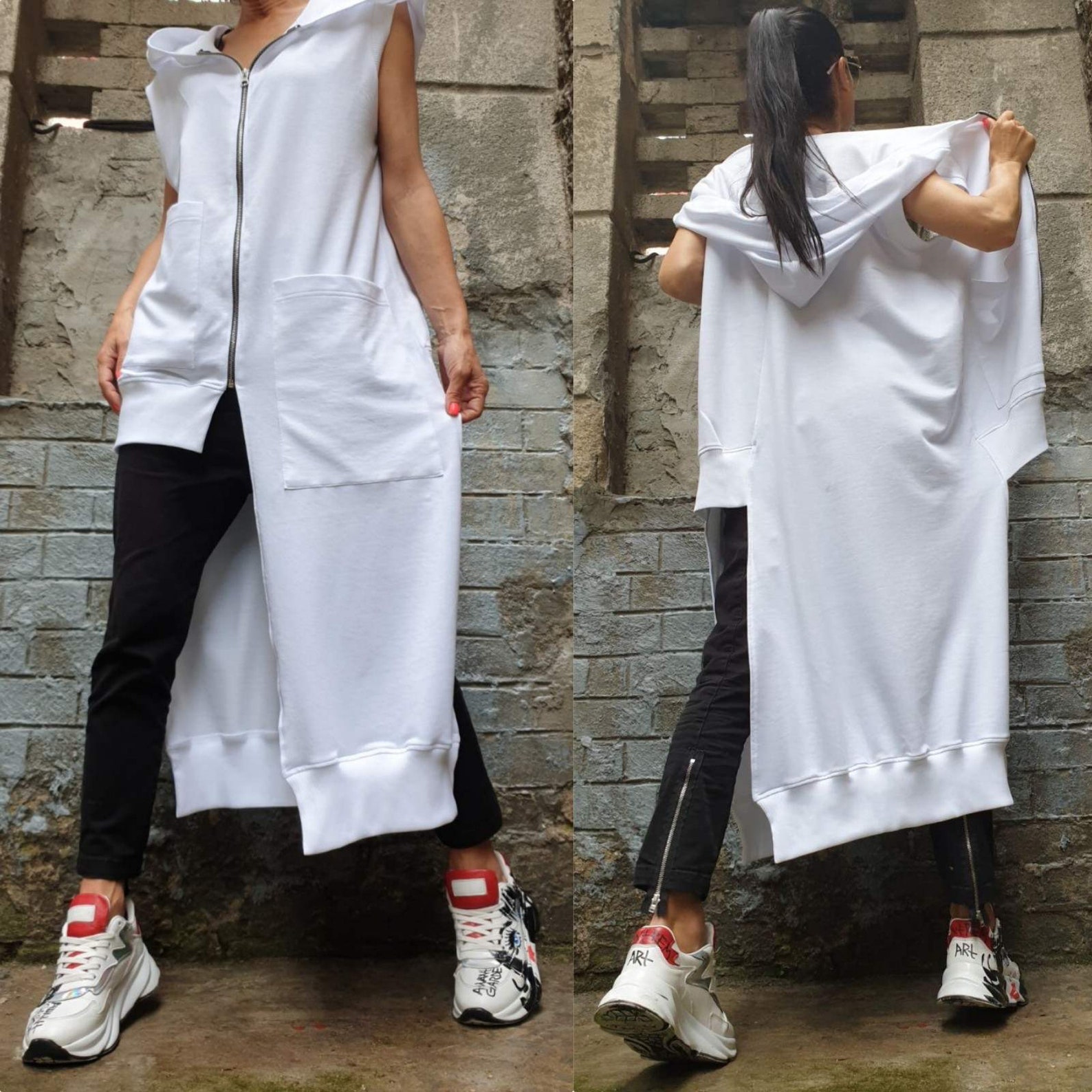 Long Short Vest/hooded Vest/white Cotton Vest/sleeveless - Etsy