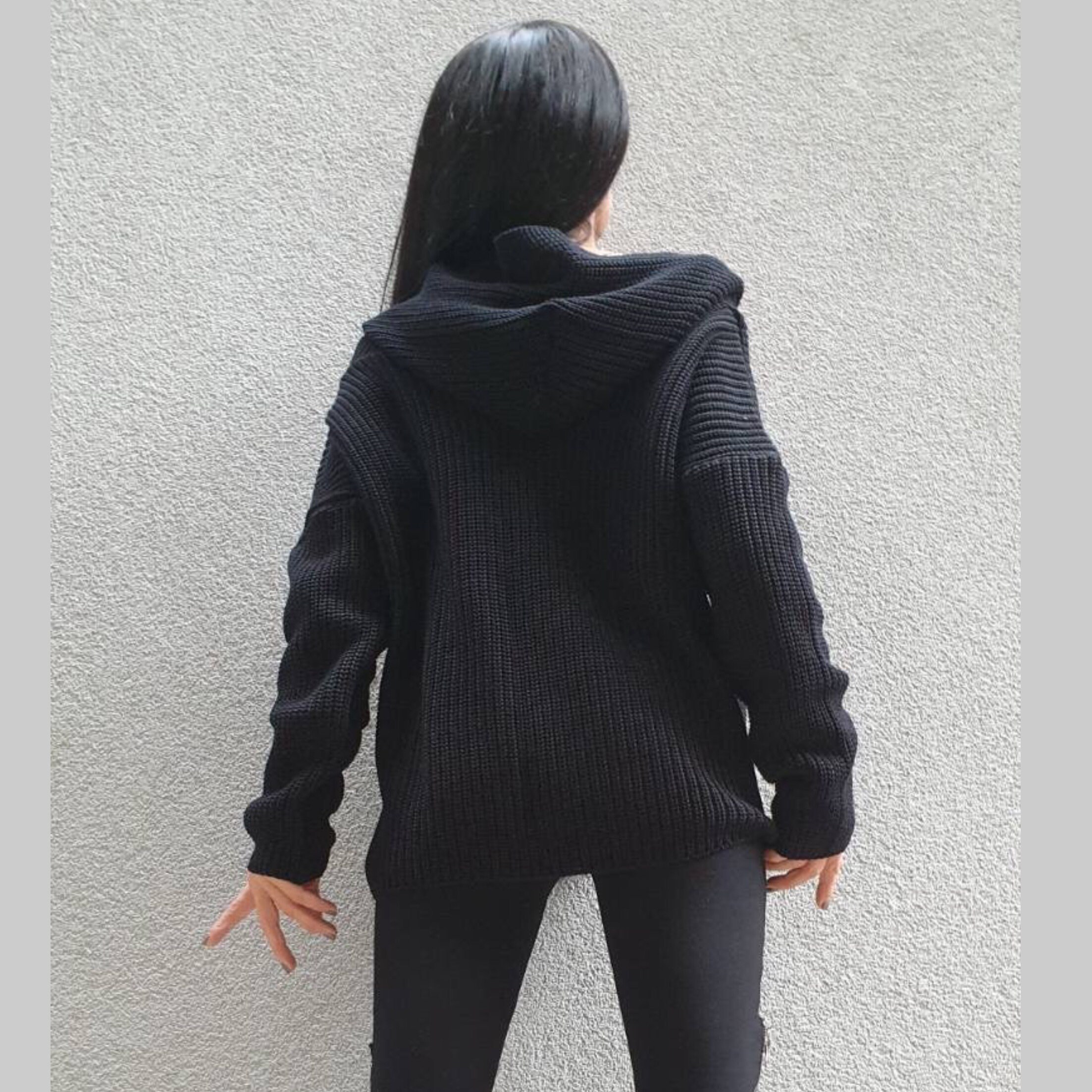 Everyday Hooded Sweater/wool Black Sweater/casual Knitted - Etsy