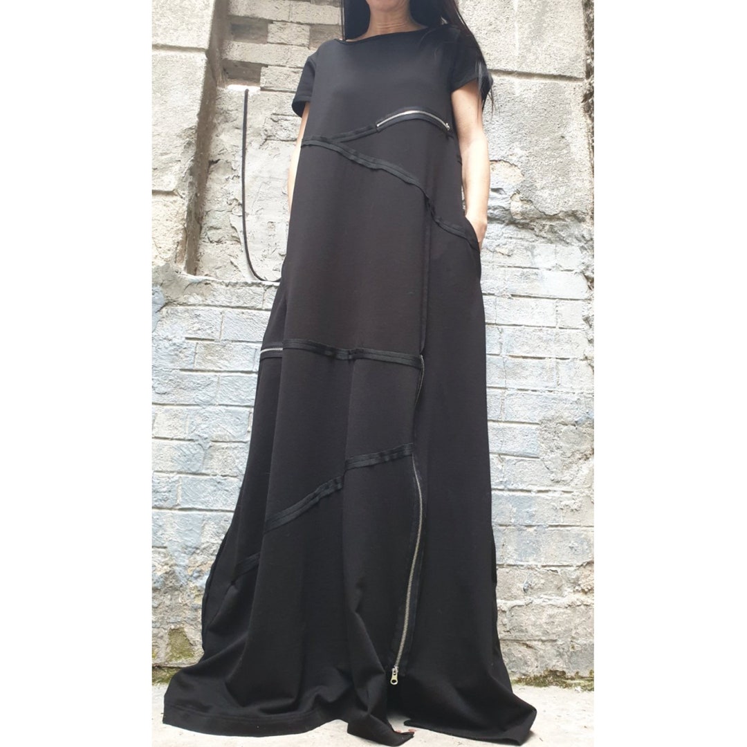 Black Maxi Designer Dress – Avant-garde Cut Dress With Zippers ...