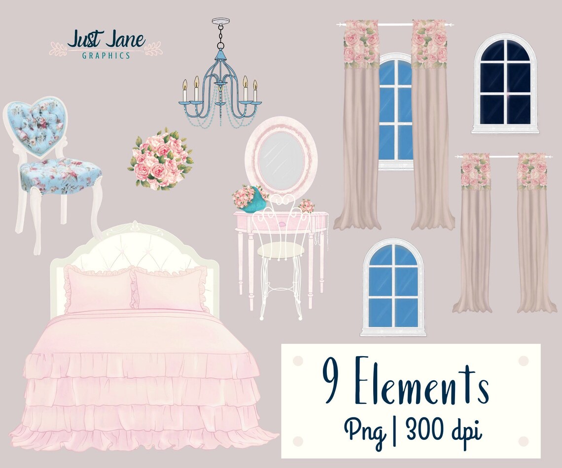 Bedroom Clip Art, Girls Room Clipart, Cozy Home Illustration, Home ...