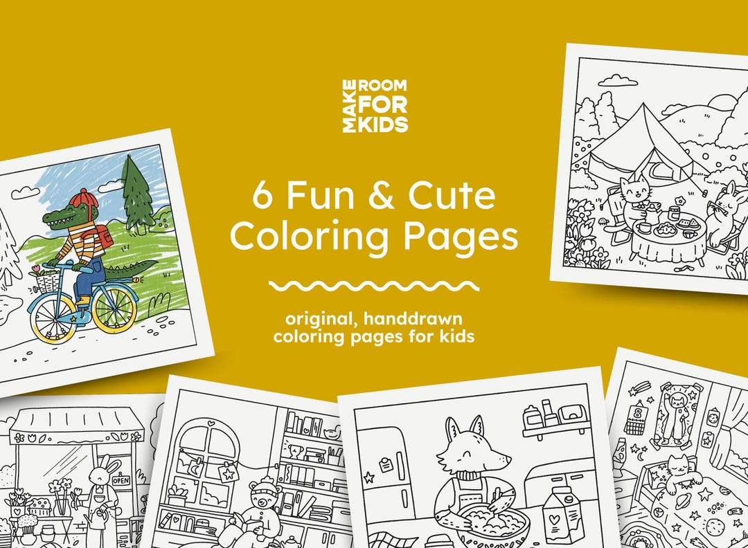 6 Cozy and Cute Coloring Pages Set, Hygge Coloring Pages, Cute Animal ...