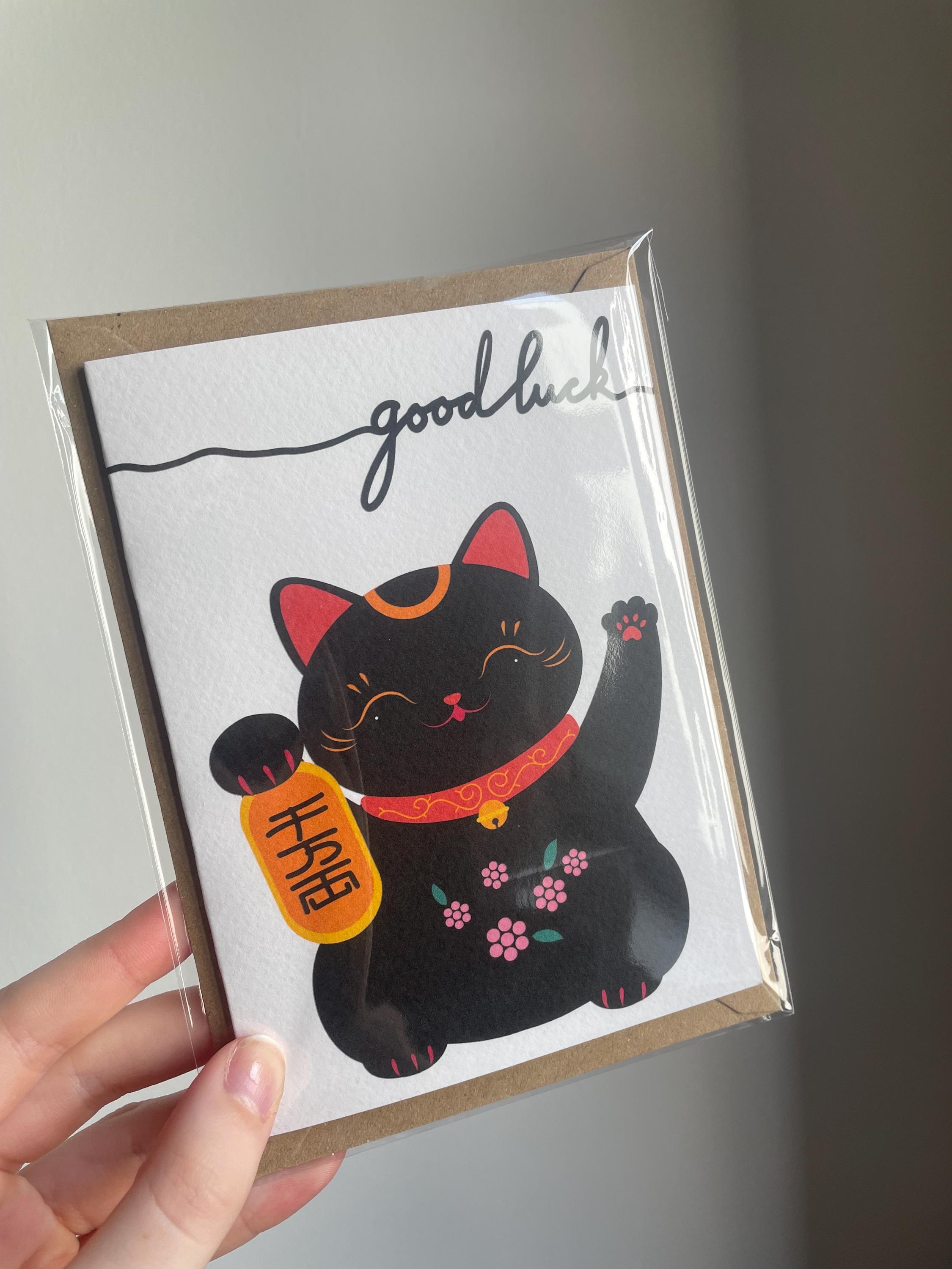 Lucky Black Maneki-neko Cat Good Luck Card – Japanese-inspired Greeting ...