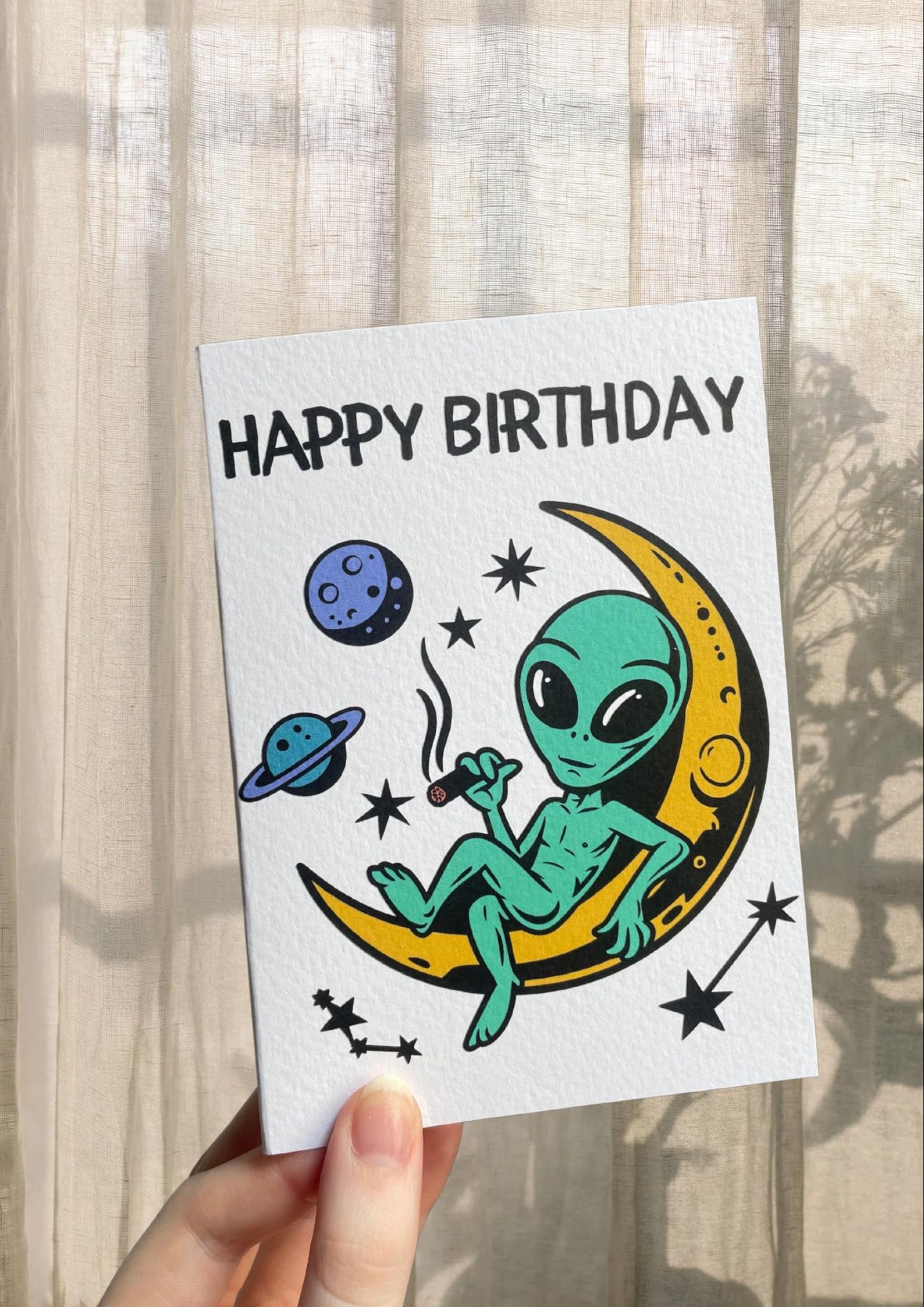 Funny Alien Birthday Card – Outer Space Weed Smoking Alien on Crescent ...
