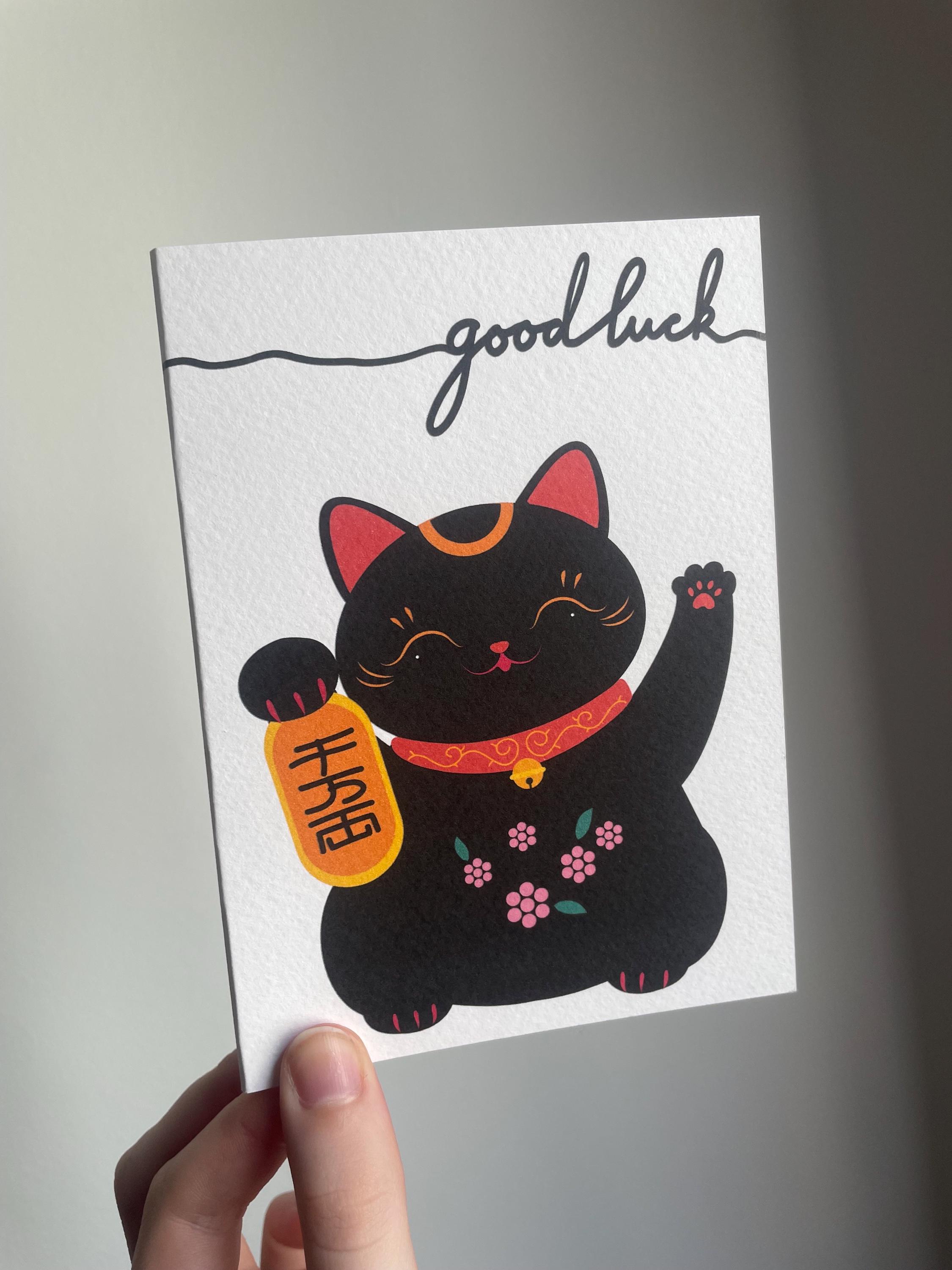 Lucky Black Maneki-neko Cat Good Luck Card – Japanese-inspired Greeting ...