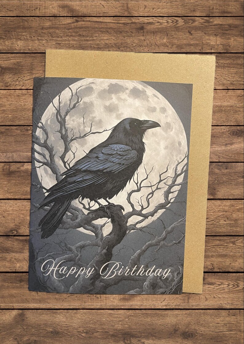 Gothic Raven Birthday Card – Dark & Mysterious Full Moon Design - Etsy