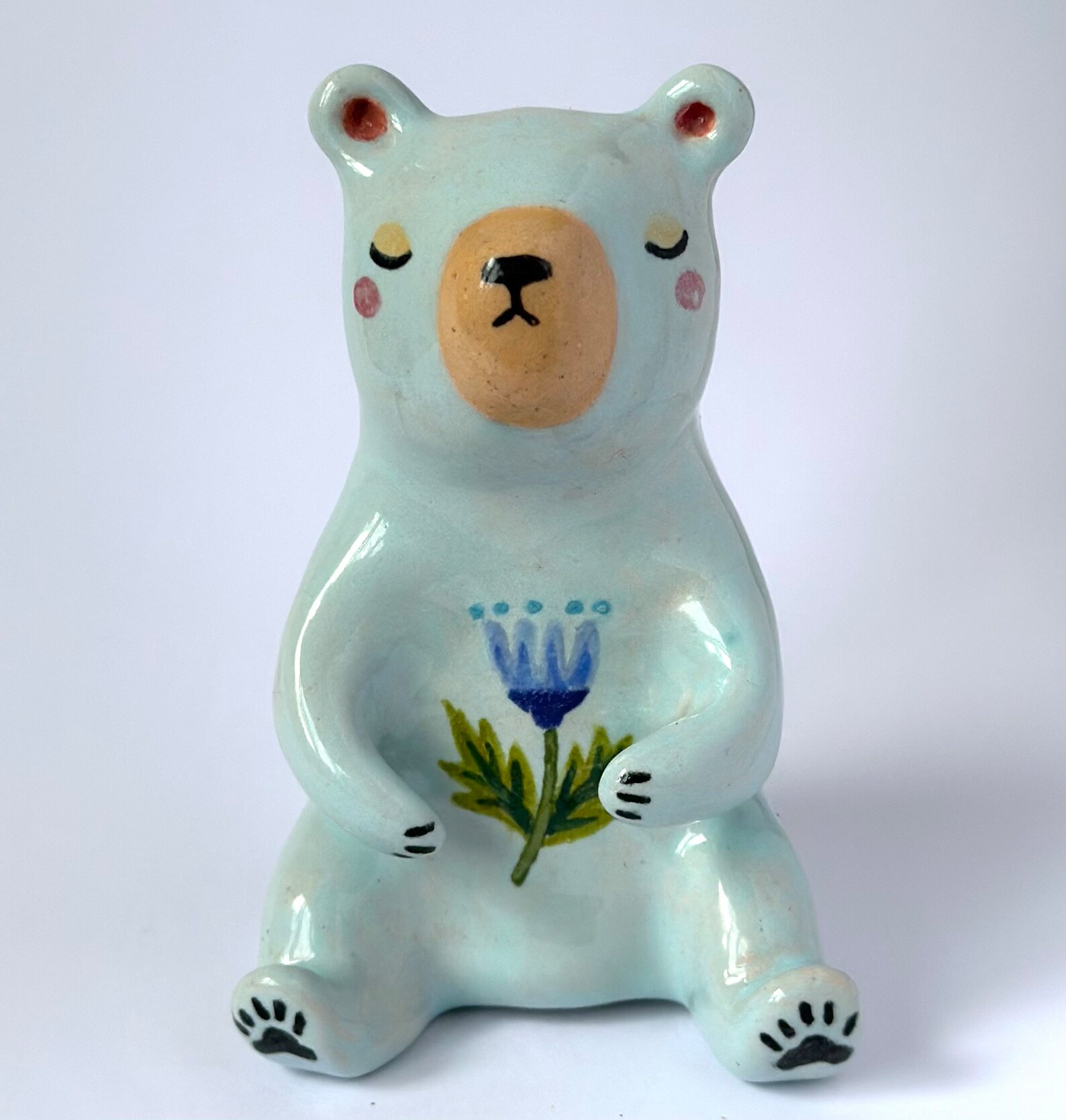 Hand Made Little Ceramic Light Blue Bear With Floral Art, Miniature ...