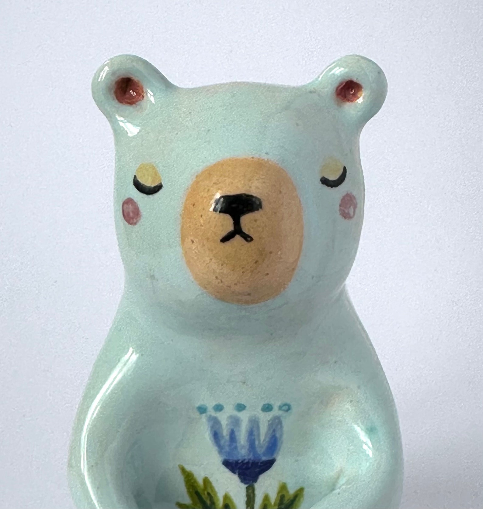 Hand Made Little Ceramic Light Blue Bear With Floral Art, Miniature ...