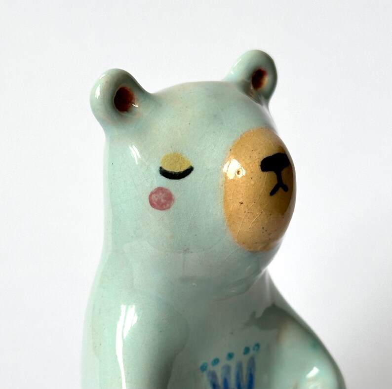 Hand Made Little Ceramic Light Blue Bear With Floral Art, Miniature ...
