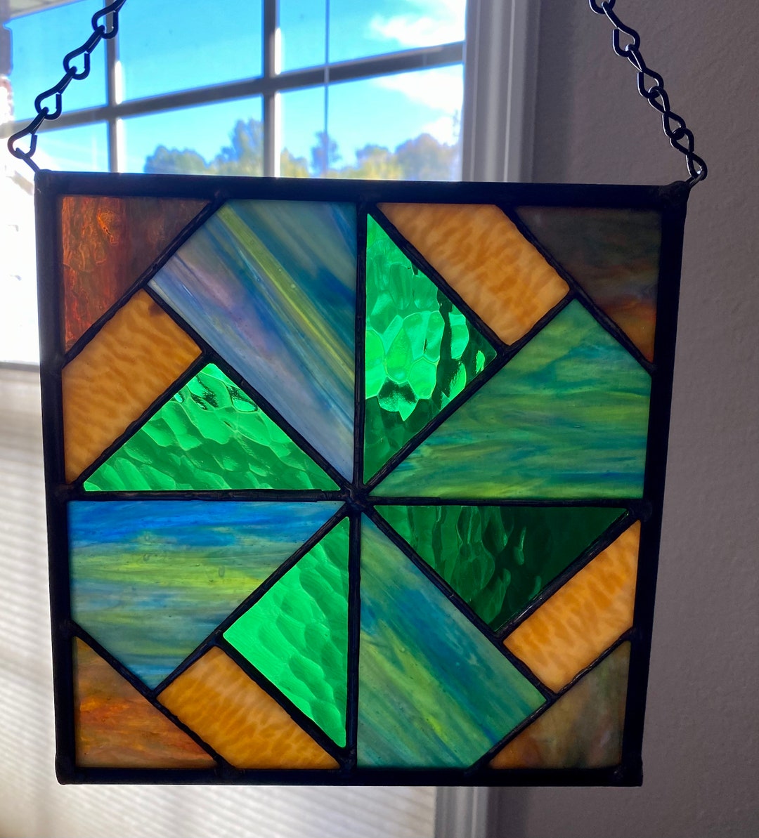 Stained Glass Pinwheel Quilt Pattern Panel in Ambers and Greens - Etsy
