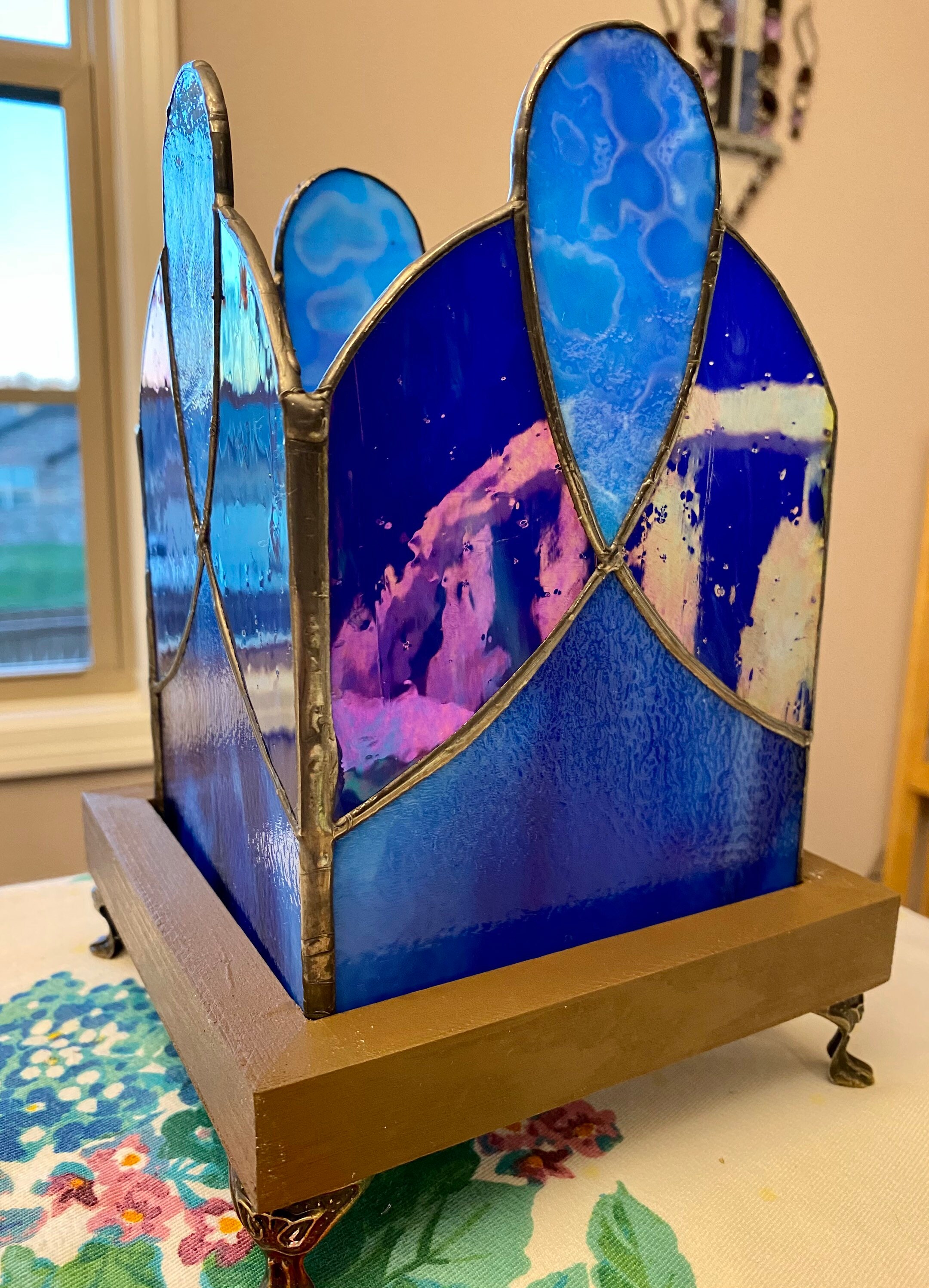Original 3D Stained Glass Panel Lantern in Blues With Base - Etsy