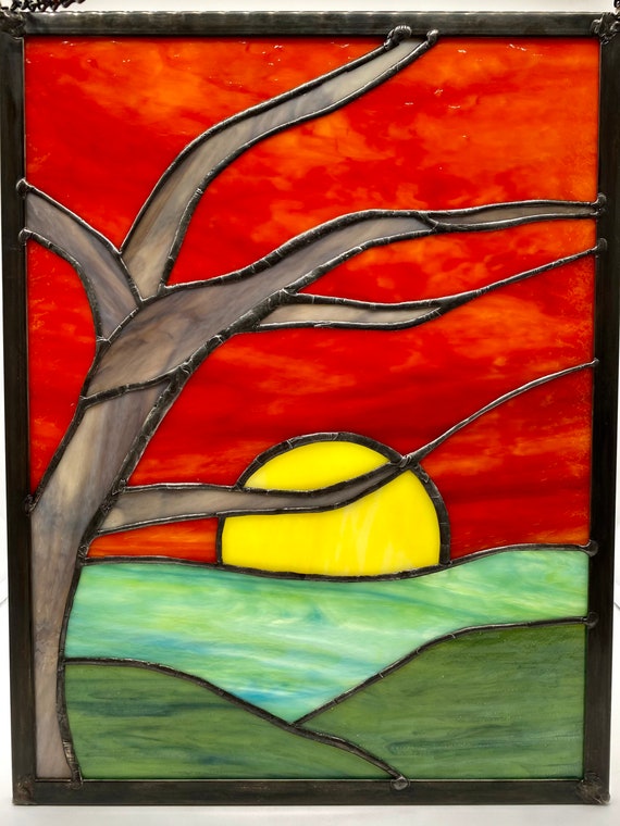 Stained Glass Birch Tree Sunrise Panel | Etsy UK