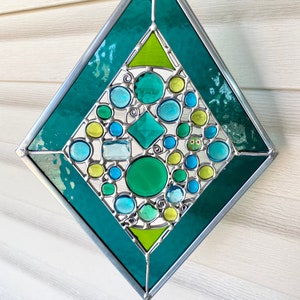 Original Diamond Stained Glass Leaded Mosaic Panel in Teals and Greens ...