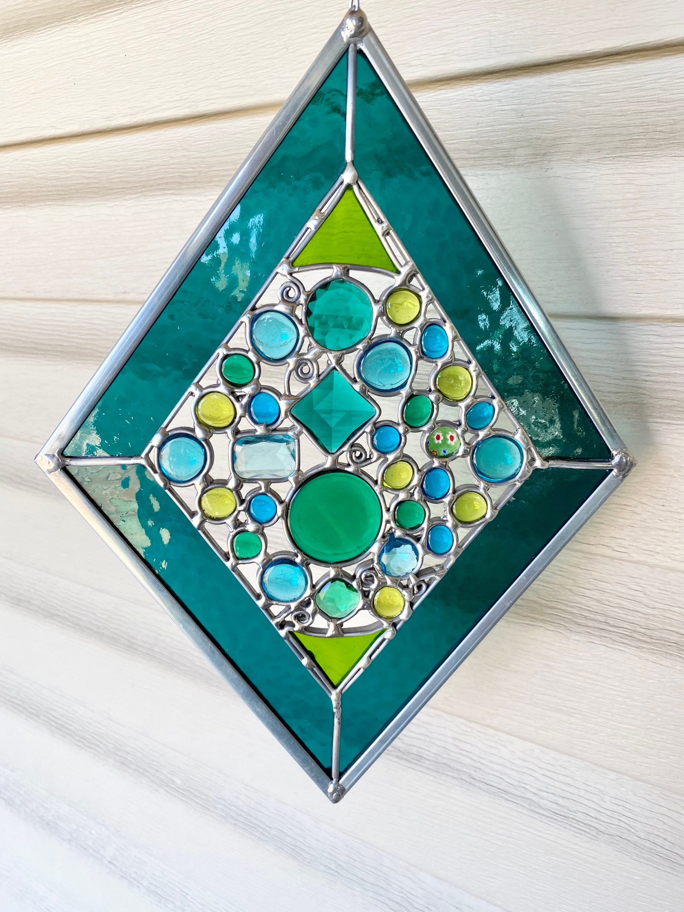 Original Diamond Stained Glass Leaded Mosaic Panel in Teals and Greens ...