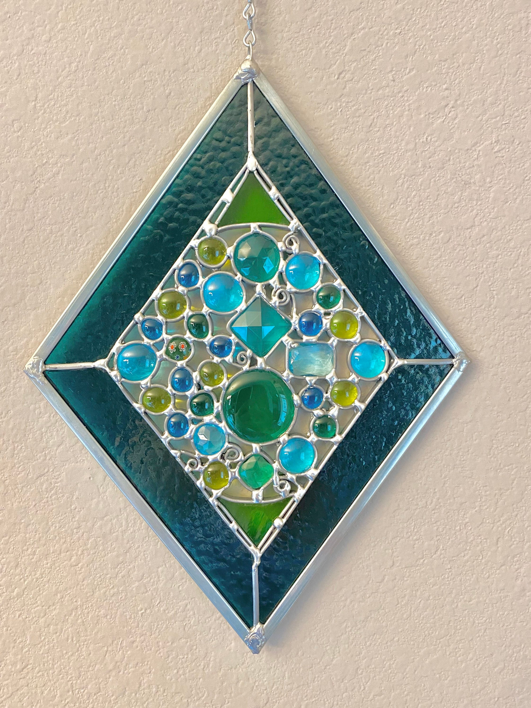 Original Diamond Stained Glass Leaded Mosaic Panel in Teals and Greens ...