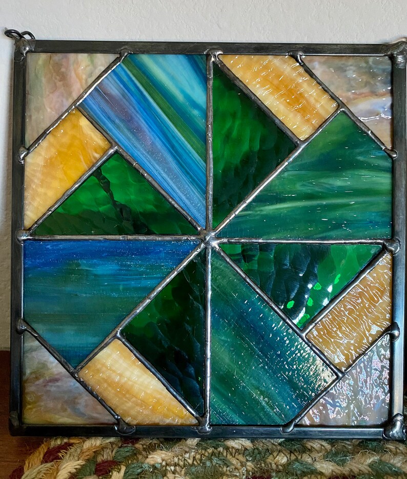 Stained Glass Pinwheel Quilt Pattern Panel in Ambers and Greens - Etsy
