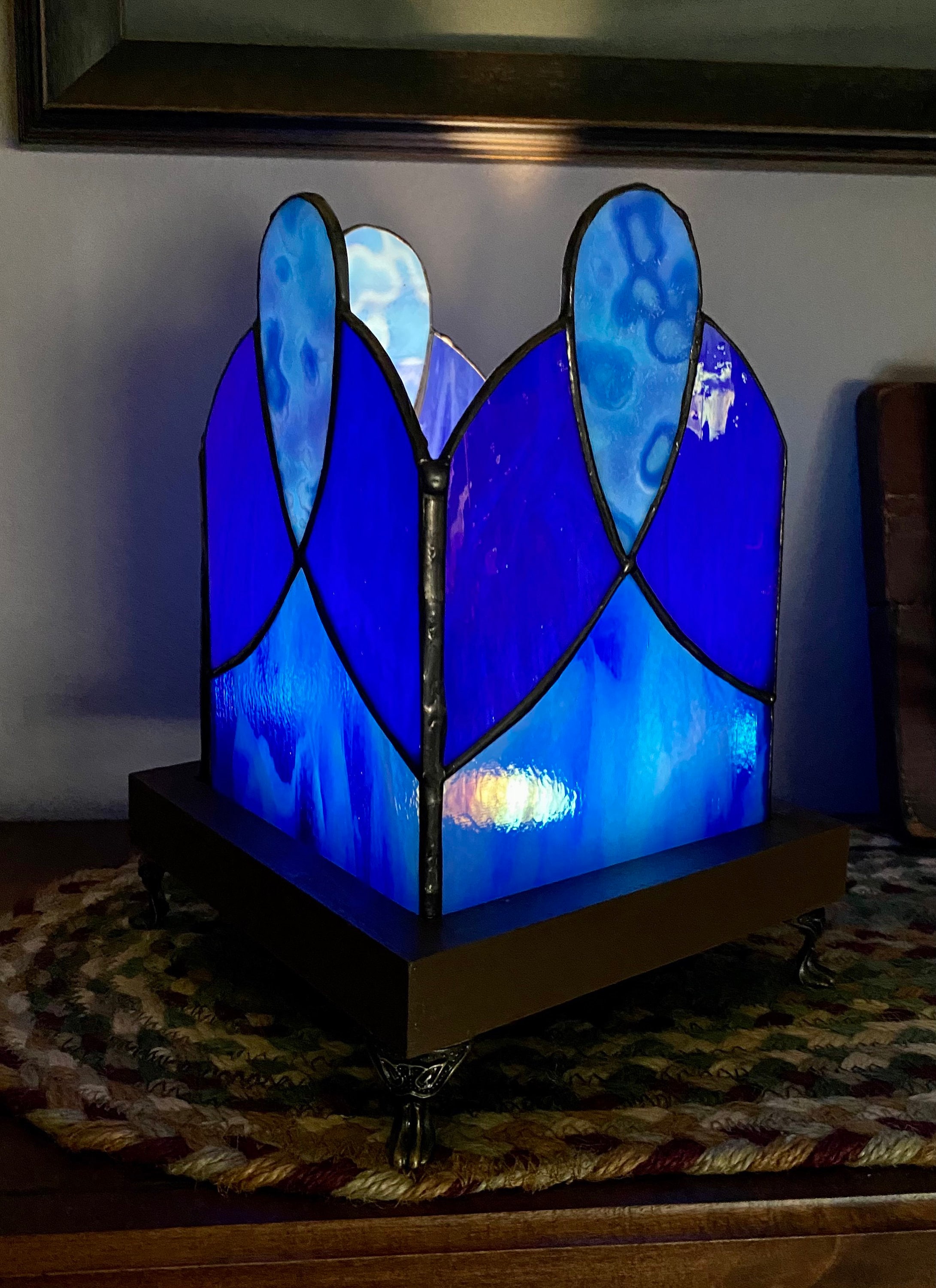 Original 3D Stained Glass Panel Lantern in Blues With Base - Etsy