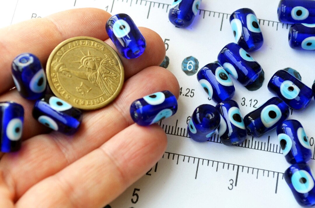 14 Mm Set of 5 Navy Blue Evil Eye Beads for Necklace or Bracelet Tube ...