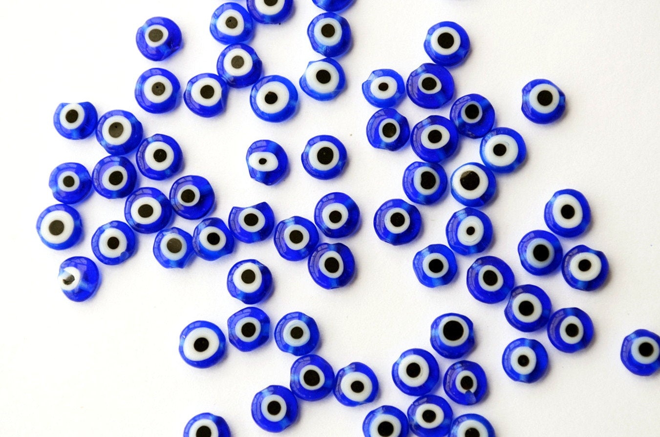 Blue Evil Eye Beads, 6mm Flat Glass Beads From Turkey - Set of 65, Ojo ...