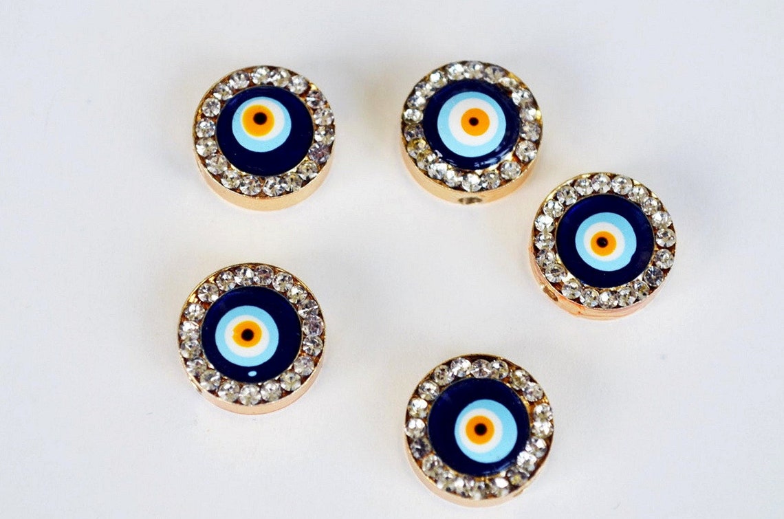 5 Pcs Brass Evil Eye Beads With Shinny Stones Disc Shape Glass - Etsy