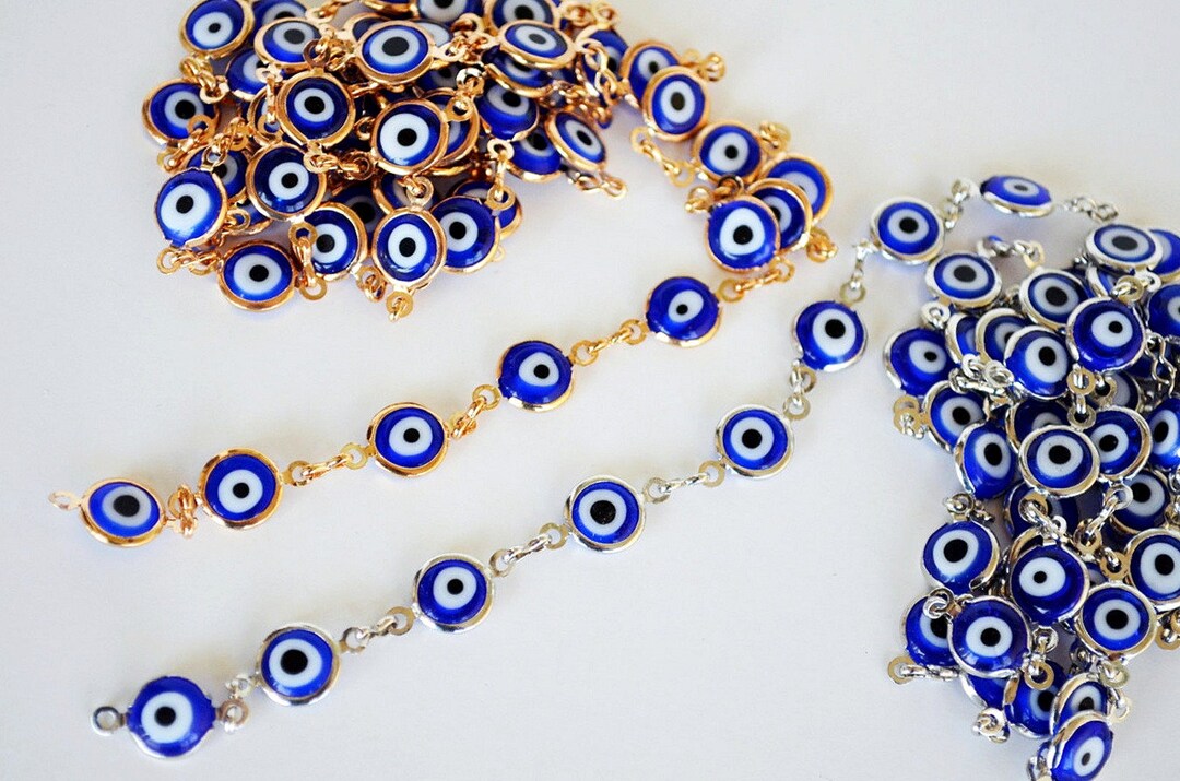 3 FEET Silver or Golden Tone Evil Eye Bead Wire Beaded Chain - Chain ...