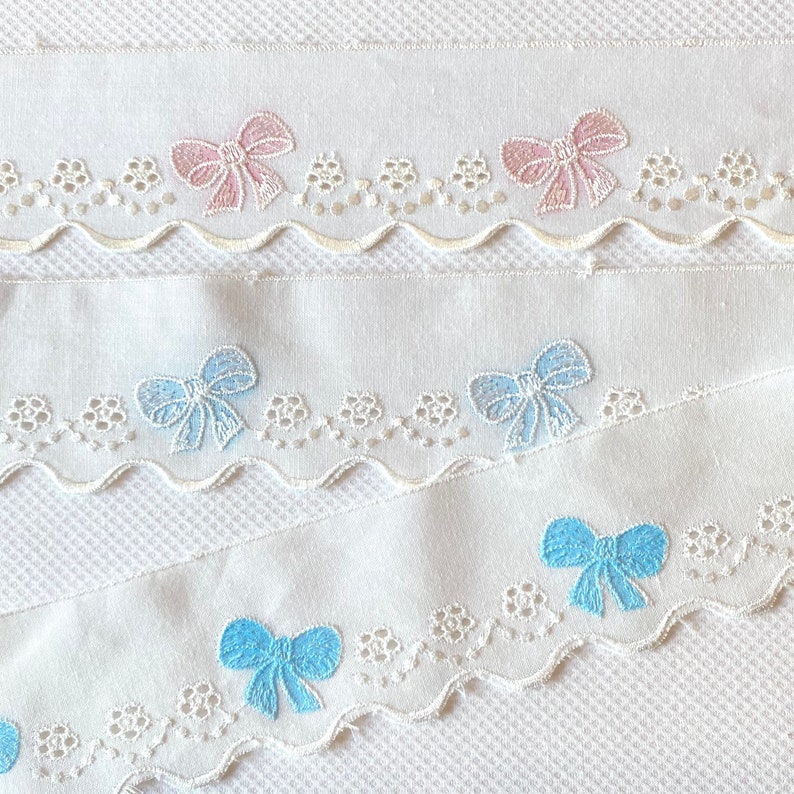 Pink or Blue Bow Scalloped Galloon Batiste Embroidery Vintage Bow ...