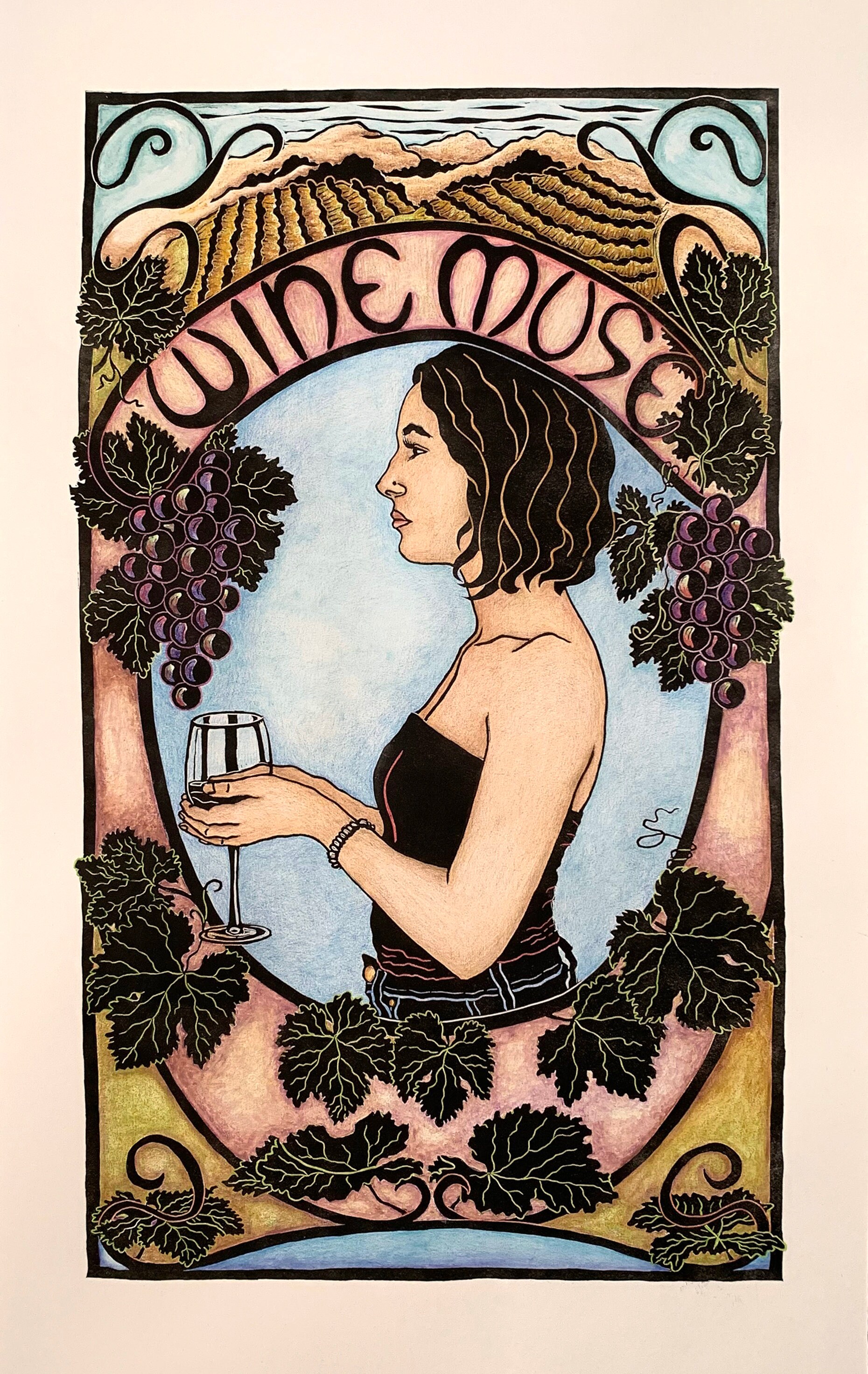 The Wine Muse Original Handcarved Linocut Print With Watercolor ...