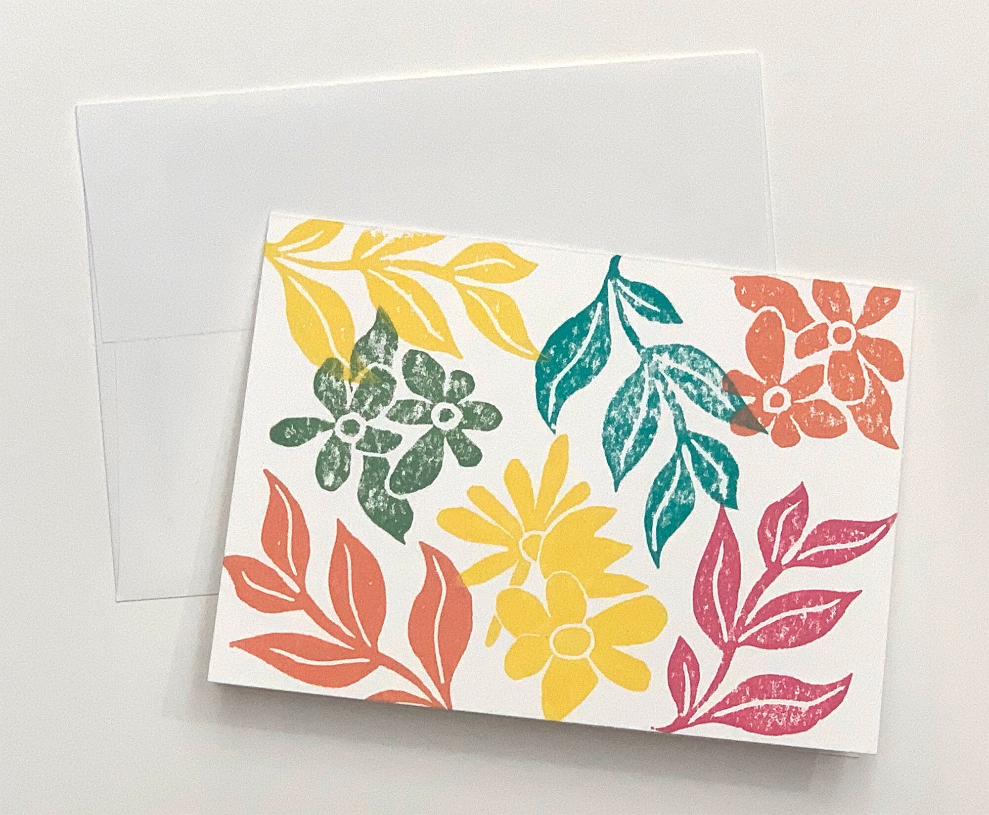 Spring Flowers Linocut Greeting Card Hand Printed Flowers Blank Note ...