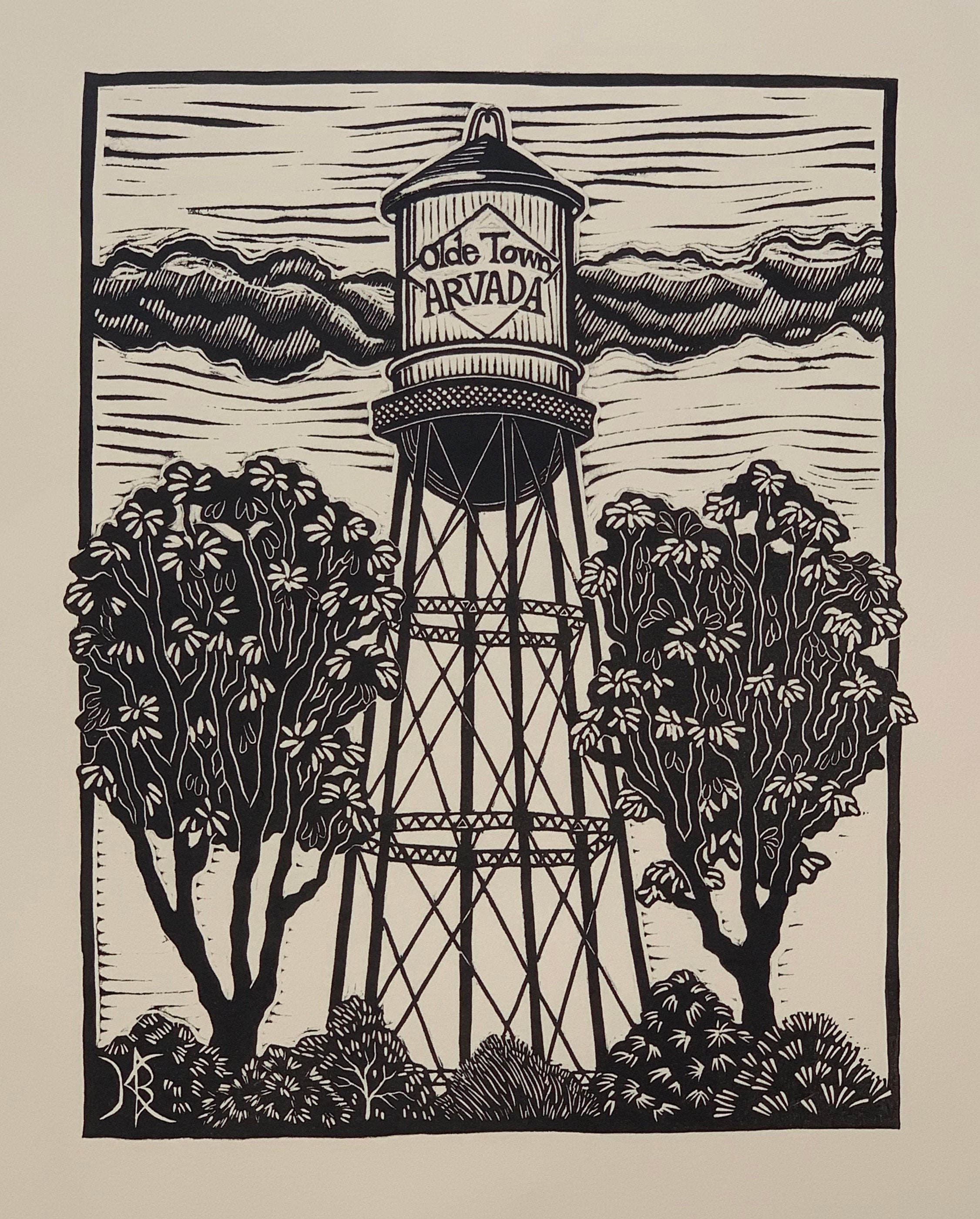 Olde Town Arvada Water Tower - Original Handcarved Linocut Print ...