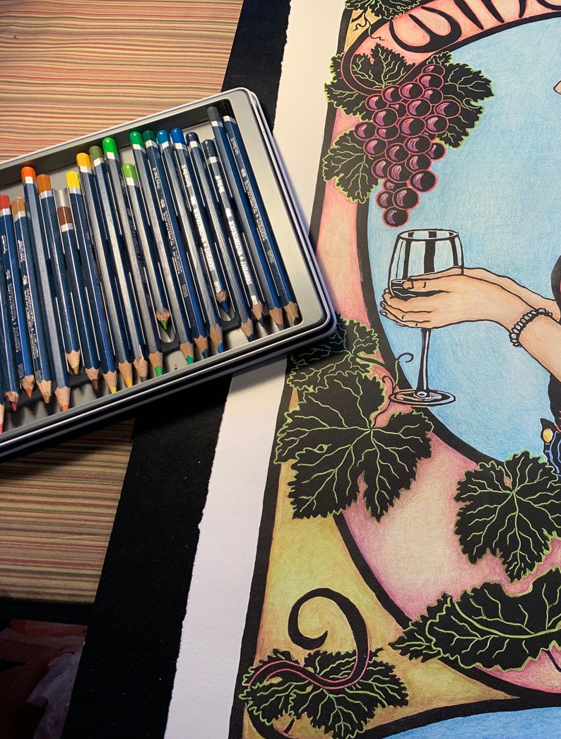 The Wine Muse Original Handcarved Linocut Print With Watercolor ...